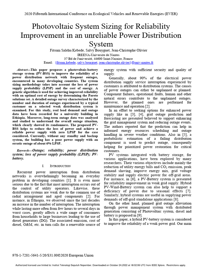 Photovoltaic System Sizing For Reliability Improvement In An Unreliable Power Distribution