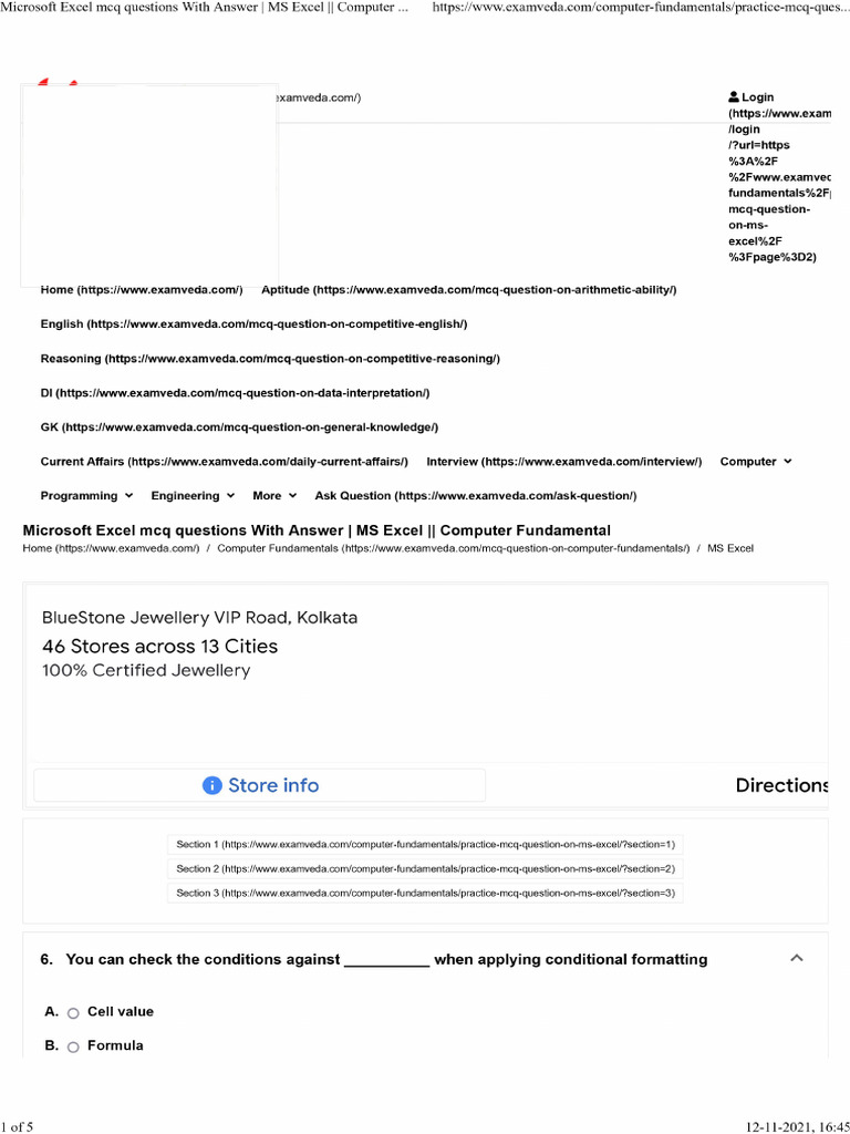 Microsoft Excel MCQ Questions With Answer - MS Excel - Computer Fundamental | PDF | Microsoft ...