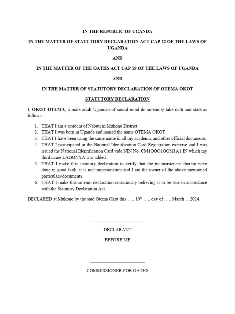 Statutory Declaration for Name Change | PDF