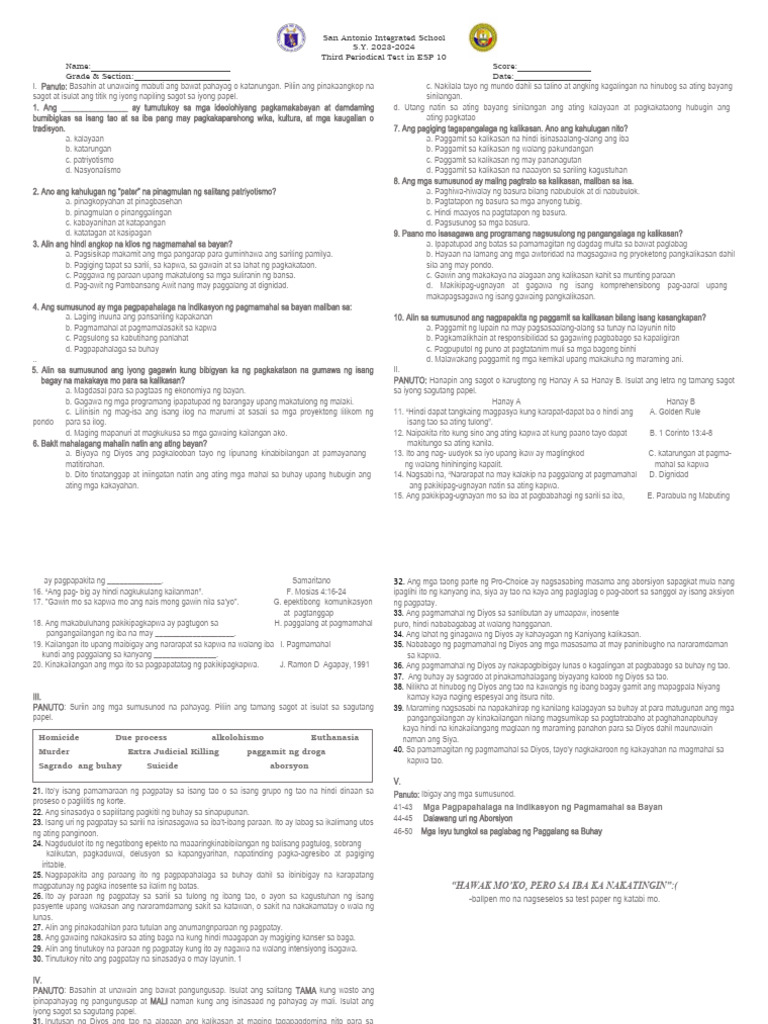 3rdQ ESP Exam (Erocido) | PDF