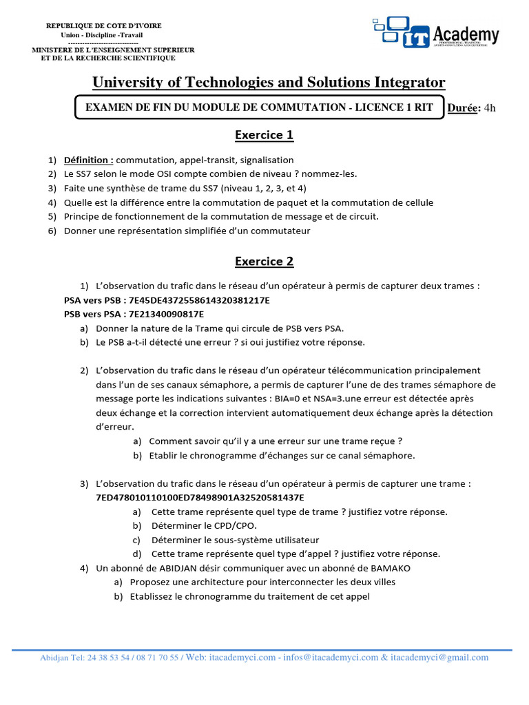 Examen Commutation BTS RIT Côte d'Ivoire | PDF | Télécommunications ...