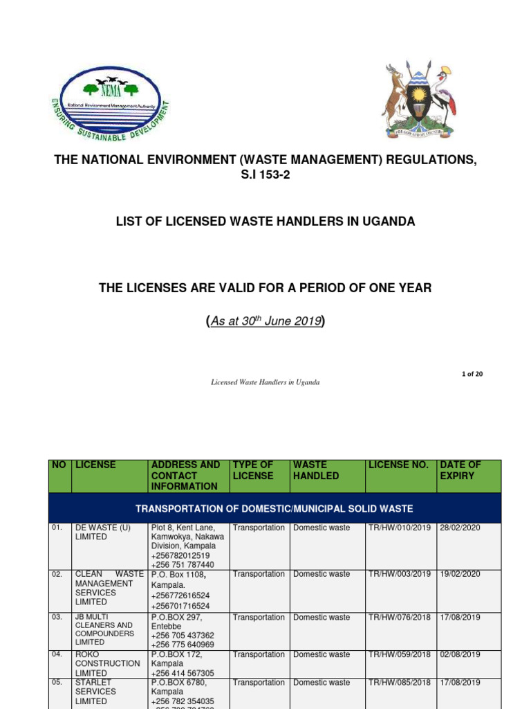 2019 (List of Licensed Waste Handlers As at 30th June 2019) | PDF ...