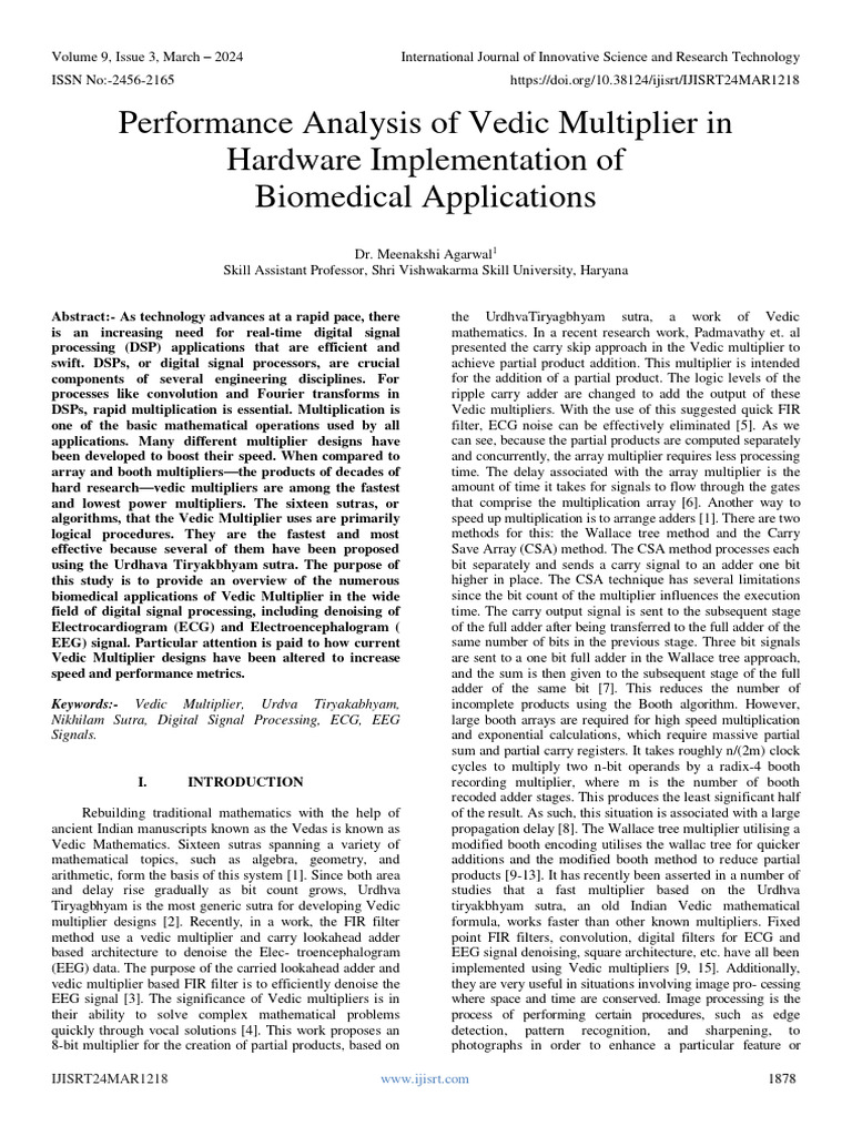 Performance Analysis of Vedic Multiplier in Hardware Implementation of ... Performance Analysis of Vedic Multiplier in Hardware Implementation of ...