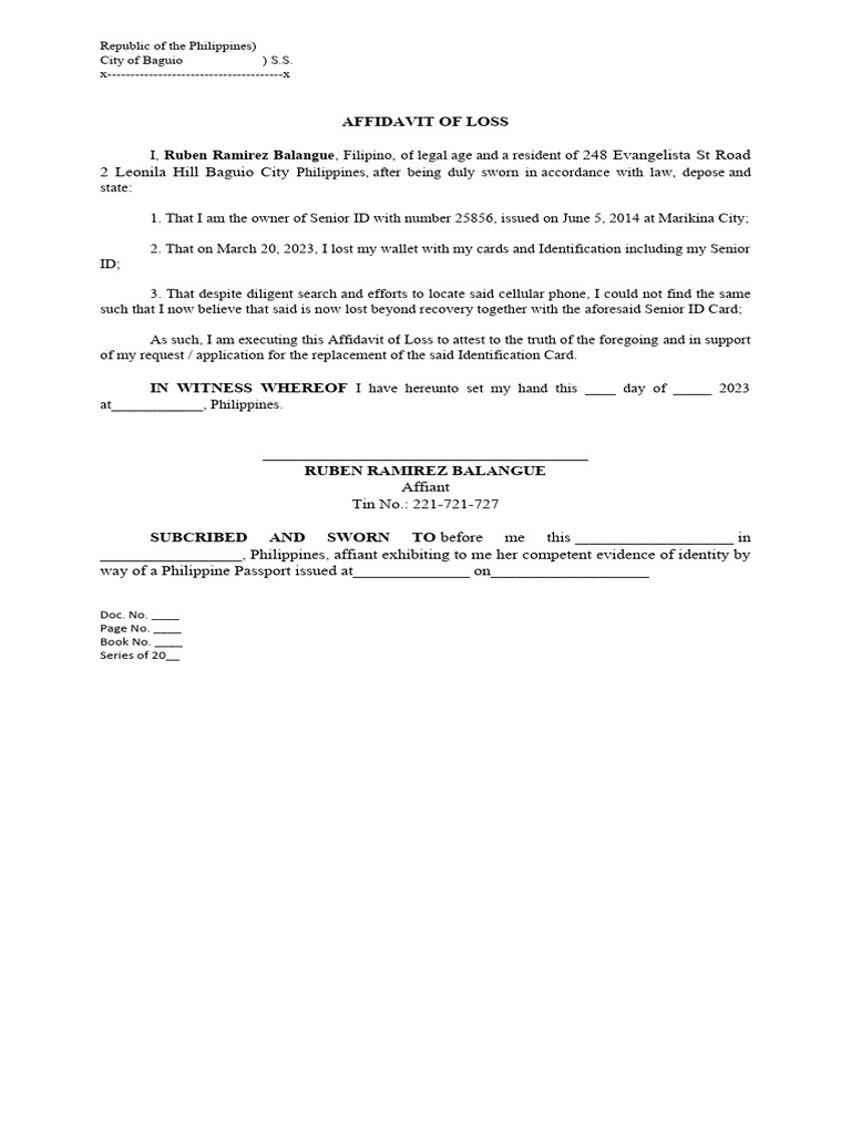 Affidavit of Loss for Senior ID Card | PDF