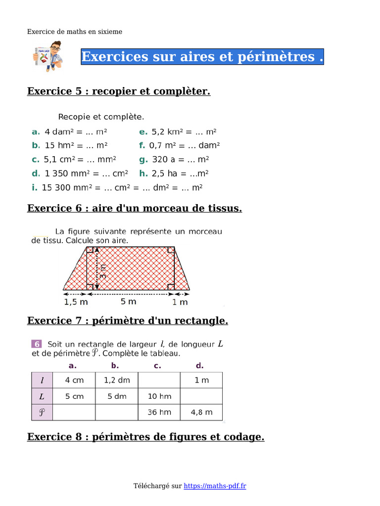 Exercices sur Aire et Périmètre 6ème | PDF