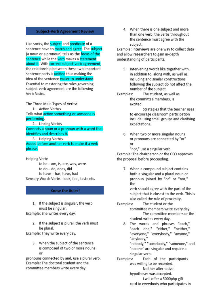 Reviewing Subject-Verb Agreement | PDF | Grammatical Number | Verb