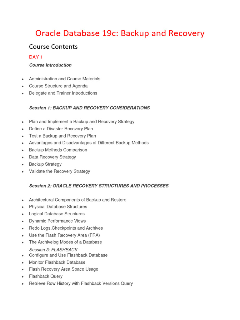 Oracle Database 19c Backup And Recovery Course Contents Pdf Backup Databases