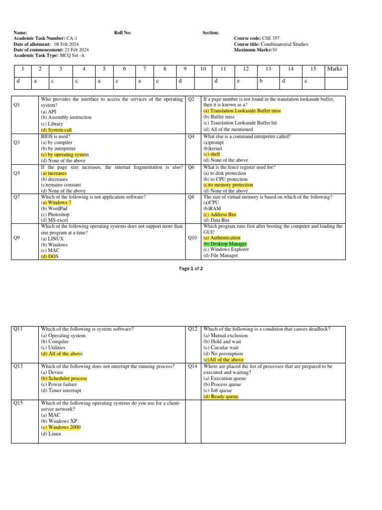 Ca 1 Cse 357 A | PDF | Operating System | Process (Computing)