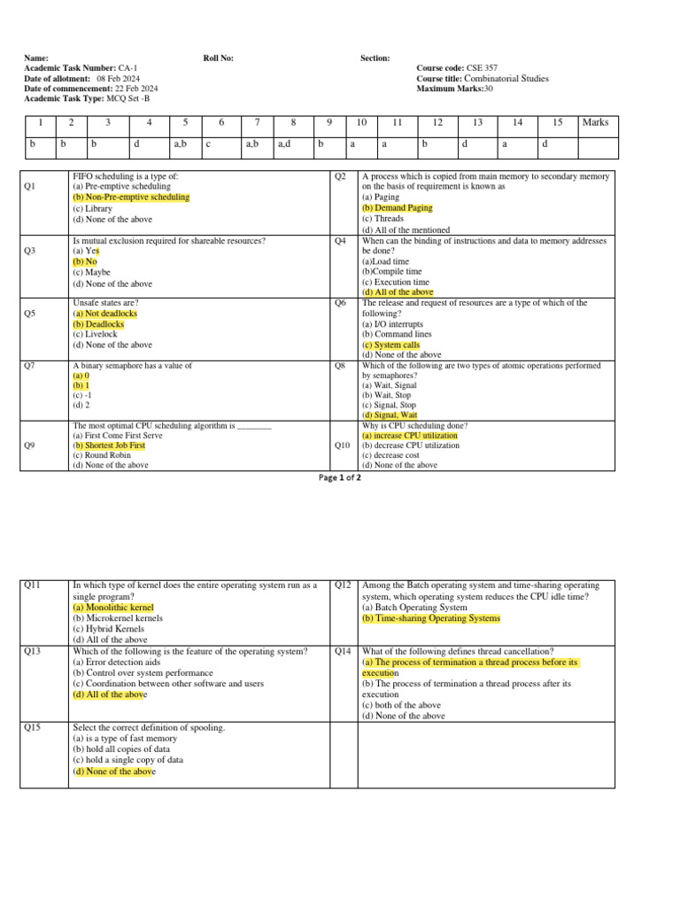 CA 1 CSE 357 B | PDF | Kernel (Operating System) | Scheduling (Computing)