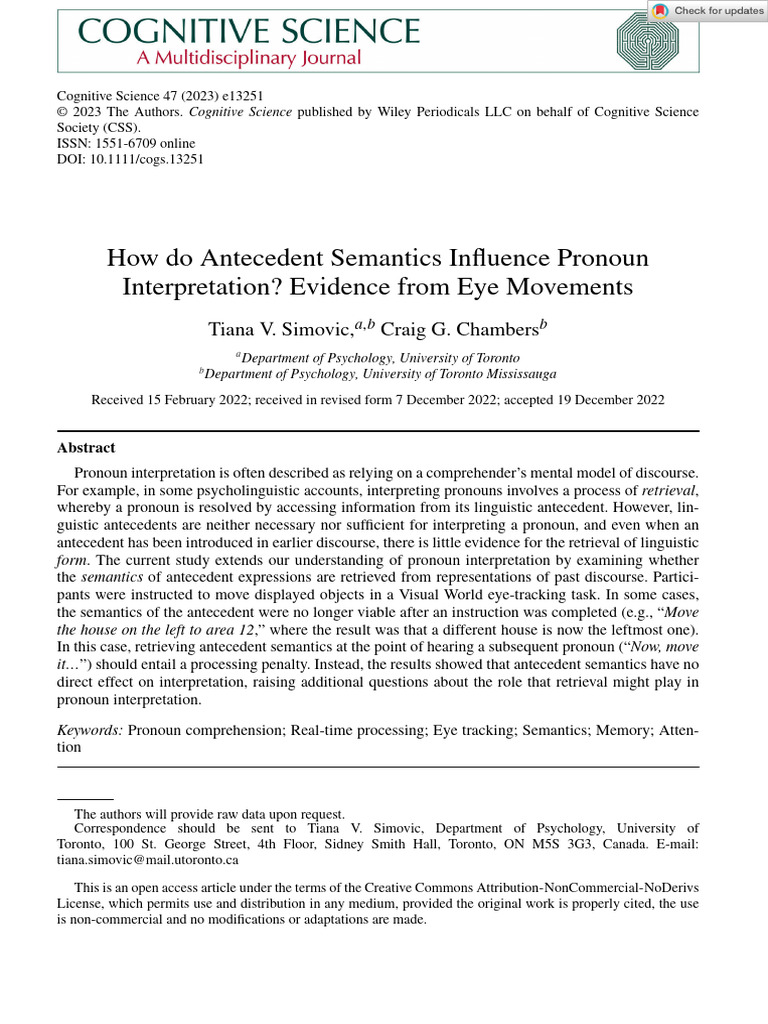 Cognitive Science - 2023 - Simovic - How Do Antecedent Semantics Influence Pronoun ...