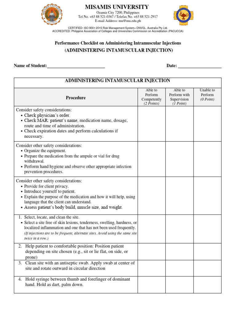 Intramuscular Injection Performance Checklist | PDF | Injection ...