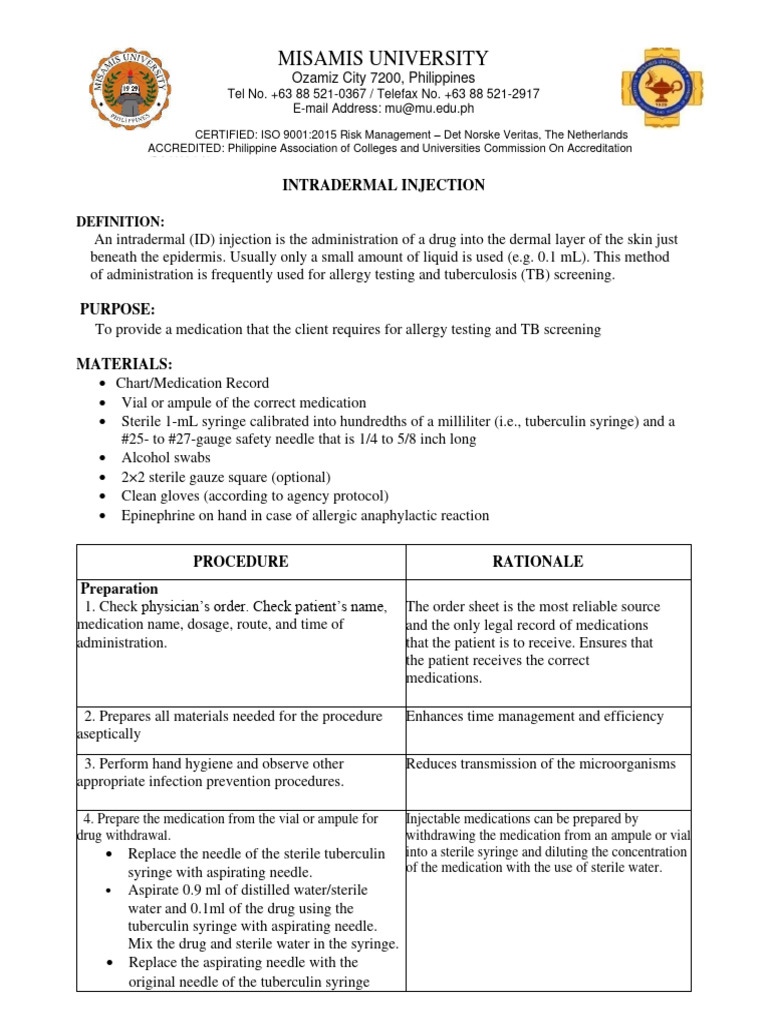 Id Procedure Checklist | PDF | Injection (Medicine) | Syringe