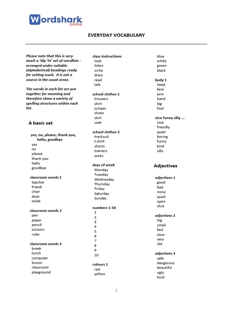 Everyday Vocabulary - Word Lists | PDF | Verb