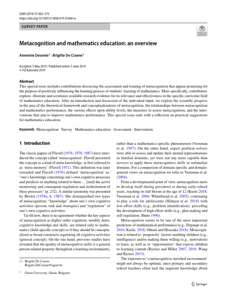 Metacognition in Mathematics Education | PDF | Metacognition | Learning