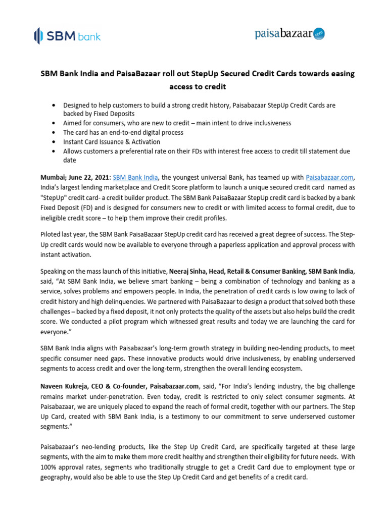 SBM Bank - PaisaBazaar Press Release | PDF | Banks | Credit