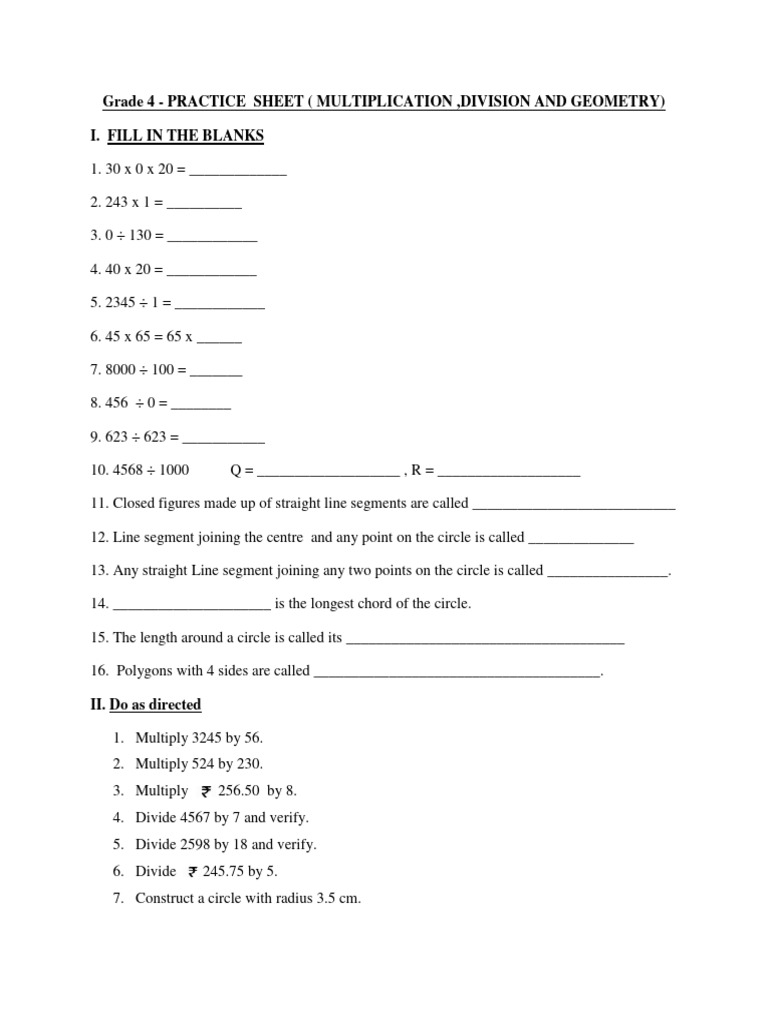 Maths Practice Sheet - Grade4 | PDF | Circle | Analytic Geometry