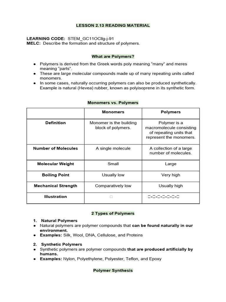Genchem LESSON 13 READING MATERIALS | PDF | Polymers | Polymerization