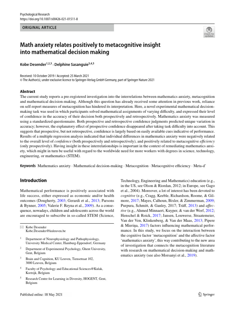desender2021 | PDF | Metacognition | Mathematics