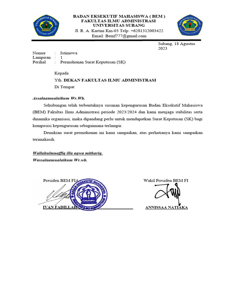 Surat Permohonan Sk Bem Fia 2023 Pdf