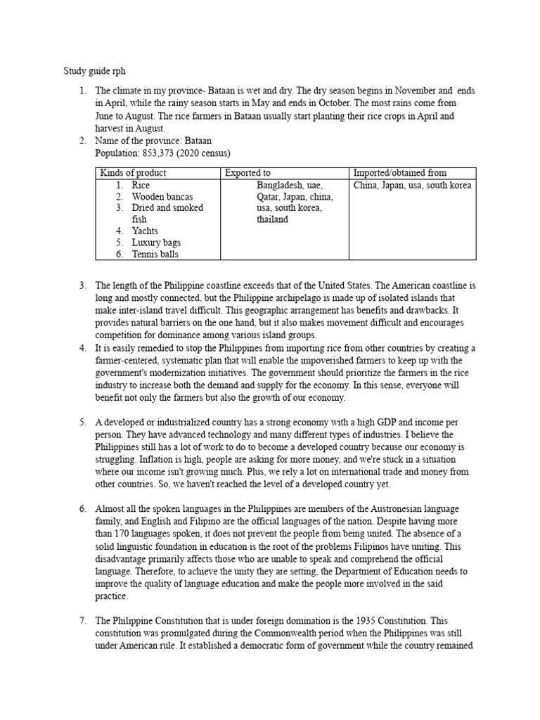 Study Guide RPH | PDF | Philippines | Rice