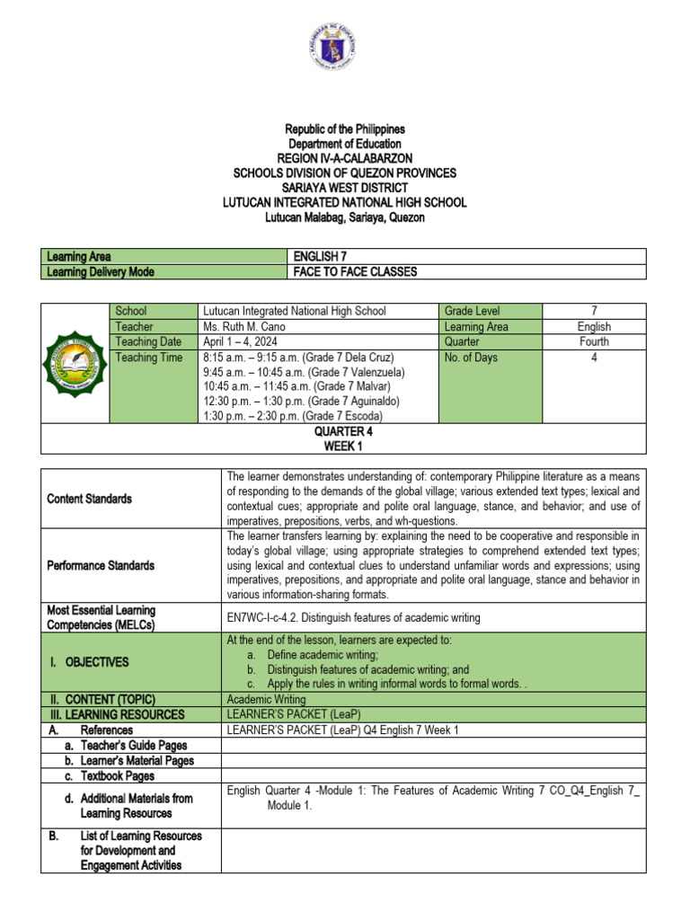 Grade 7 Week 1 LP | Download Free PDF | Idea | Learning