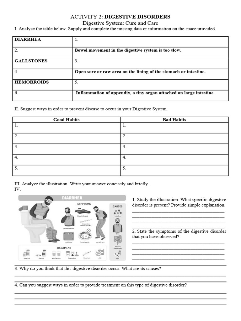 Digestive Disorders Worksheet | PDF | Gastrointestinal Tract | Causes ...