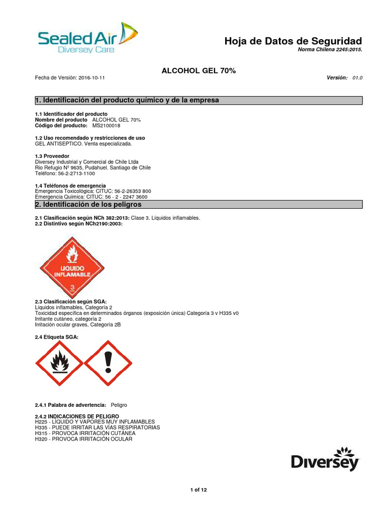 Alcohol Gel 70 - MSDS - Chile | PDF | Agua | Etanol