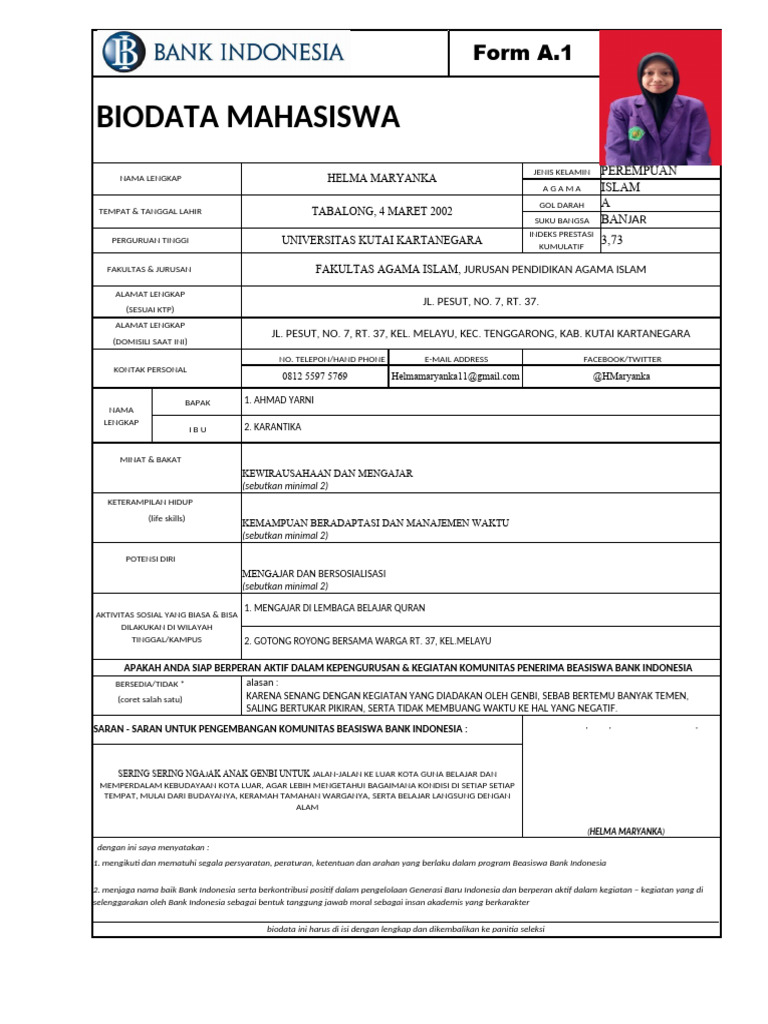 Biodata Mahasiswa Helma Maryanka | PDF