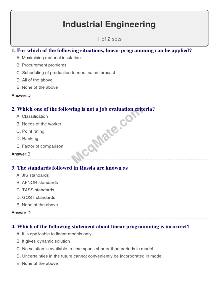Industrial Engineering MCQs and Answers | PDF | Elasticity (Economics ...