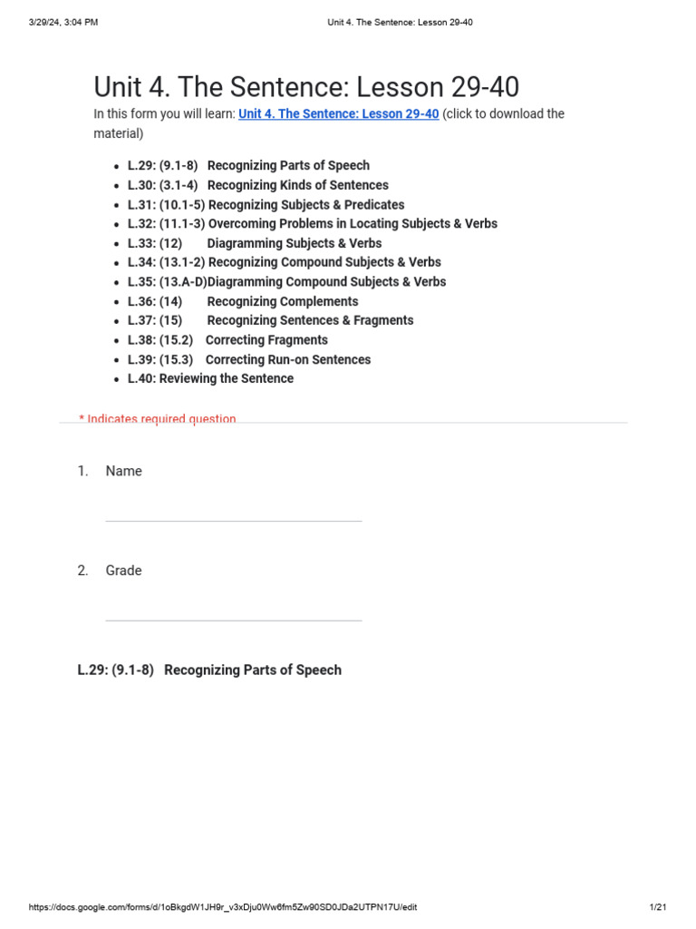 Unit 4. The Sentence - Lesson 29-40 - Google Forms | PDF | Surgery ...