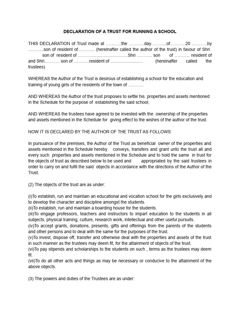 Declaration of A Trust For Running A School | PDF | Trustee | Bankruptcy