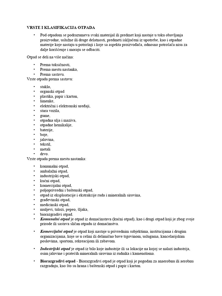 VRSTE I KLASIFIKACIJA OTPADA Sa Prezentacije | PDF