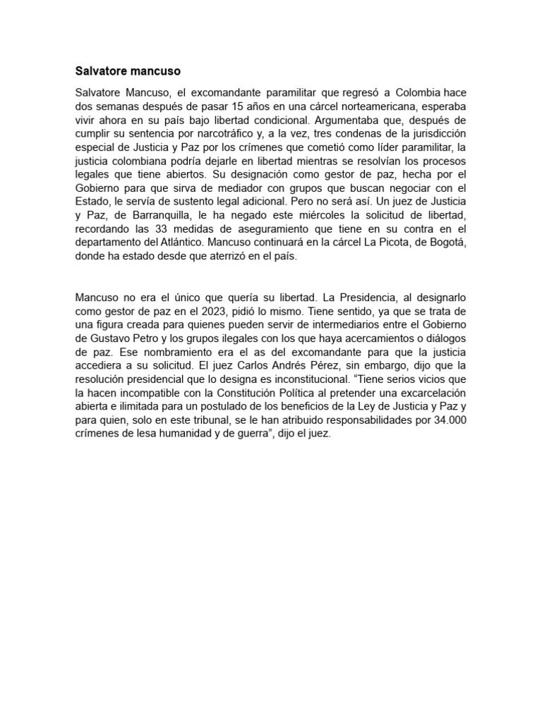 Mancuso: Libertad Negada por 33 Cargos | PDF | Pena capital | Juez