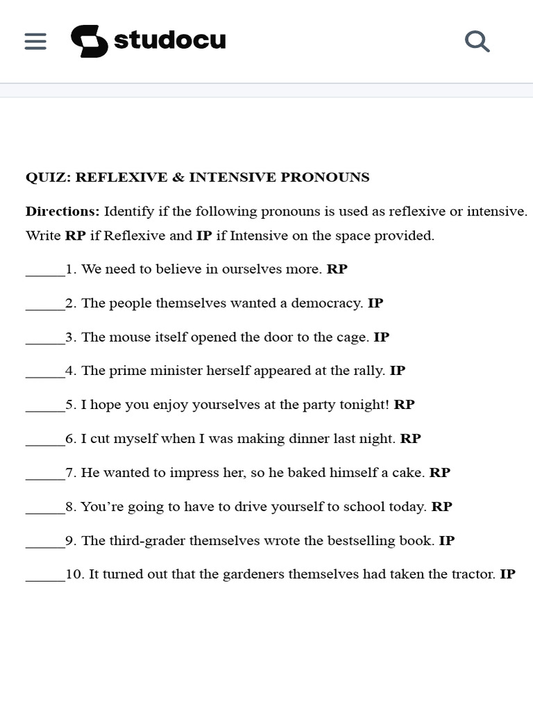 Quiz Reflexive and Intensive Pronouns (Eng 10) - Quiz Reflexive ...