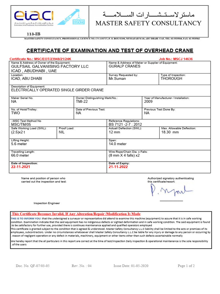 CERTIFICATE OF EOT TMI-22 | PDF | Crane (Machine) | Manufactured Goods