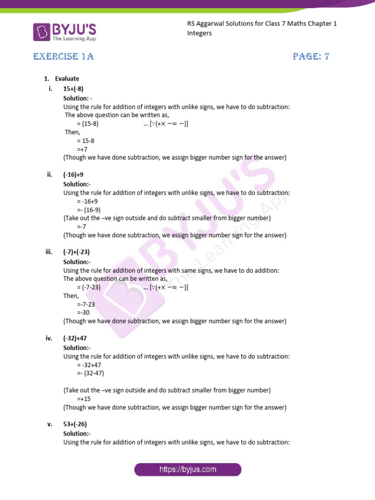 Rs Aggarwa Solutions For Class 7 Maths Chapter 1 Ex A | Download Free PDF | Numbers | Integer