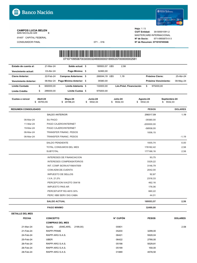 Resumen de Cuenta Mastercard Marzo 2024 | PDF | Tarjeta de crédito ...