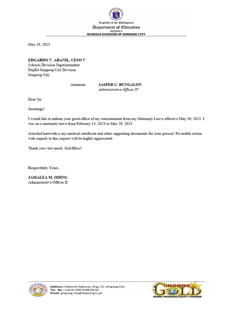 Reinstatement Letter Maternity Leave | PDF