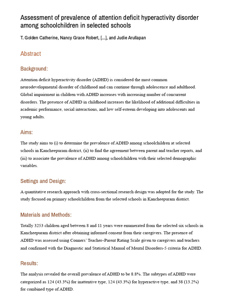 Assessment of Prevalence of Attention Deficit Hyperactivity Disorder ...