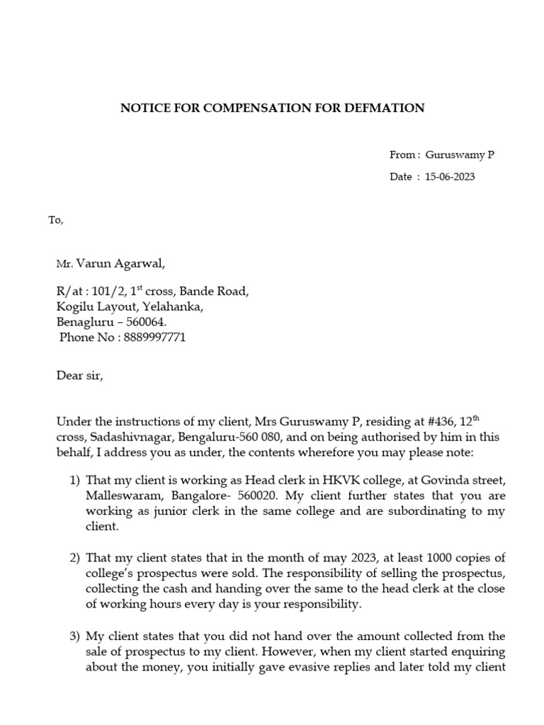 Notice For Compensation For Defamation | PDF | Violence