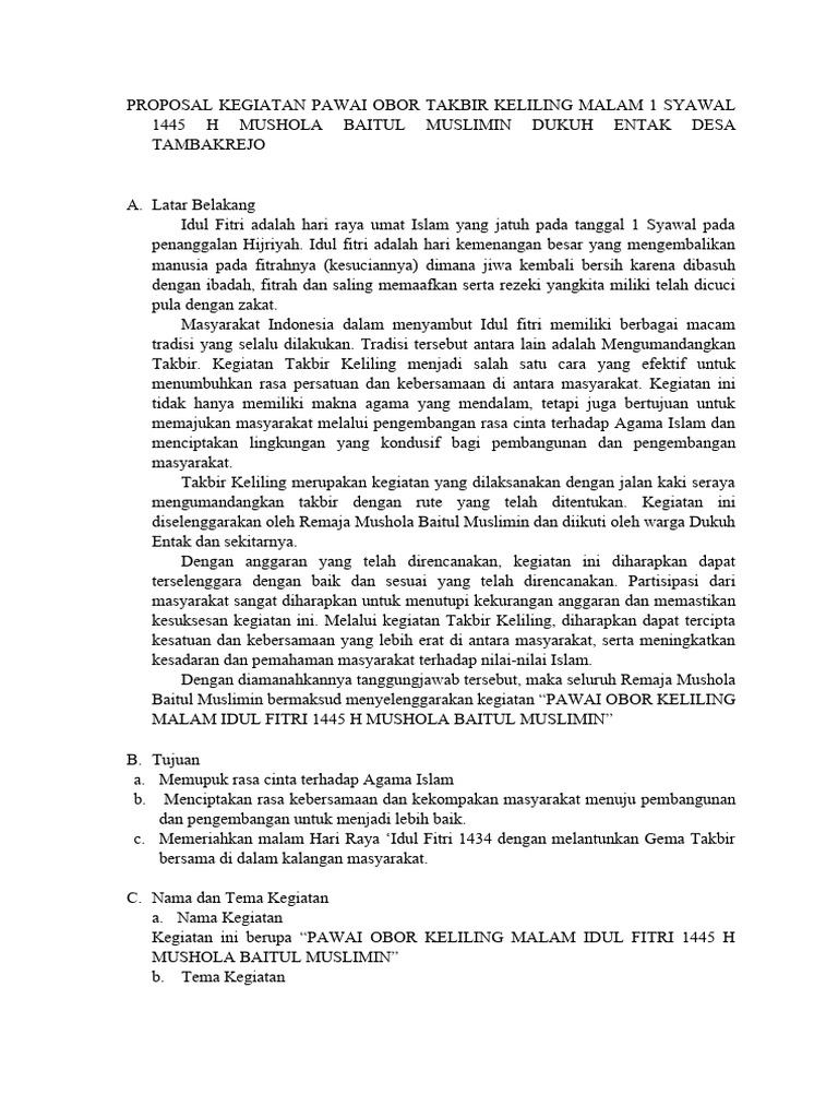 Proposal Kegiatan Pawai Obor Takbir Keliling Malam 1 Syawal 1445 | PDF