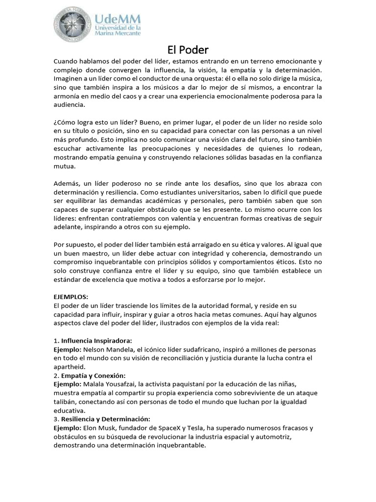 Anexo U2. El Poder y El Lider. | PDF | Liderazgo | Experiencia