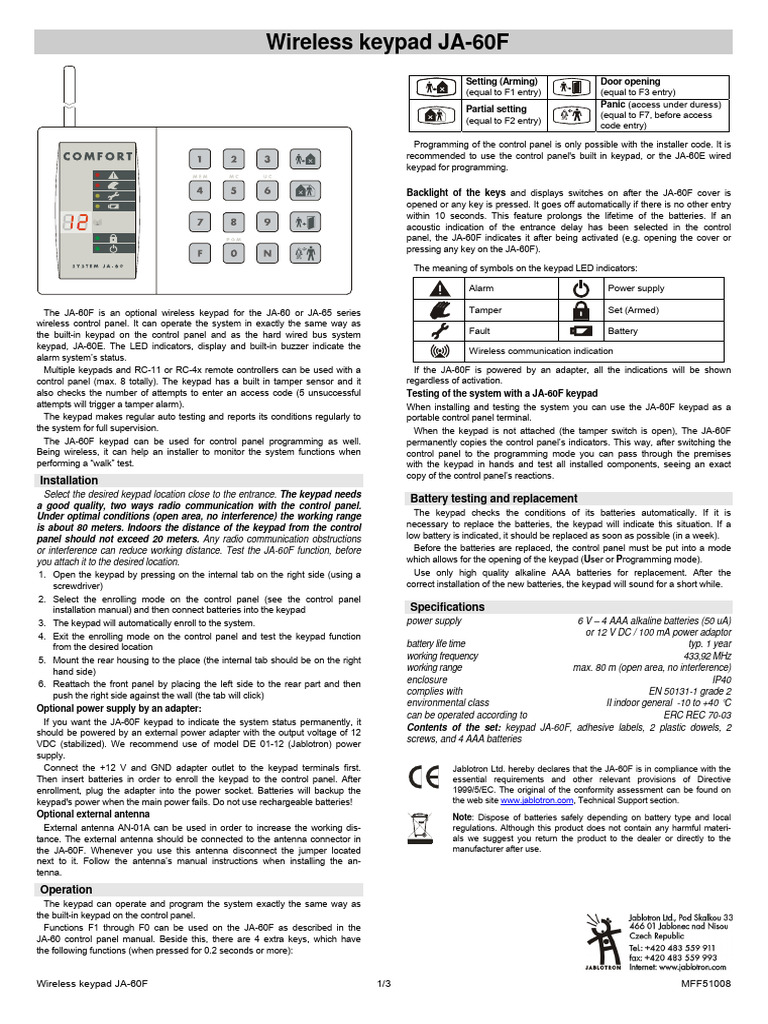 Wireless Keypad JA-60F: Setting (Arming) Door Opening Panic | PDF | Power Supply | Manufactured ...