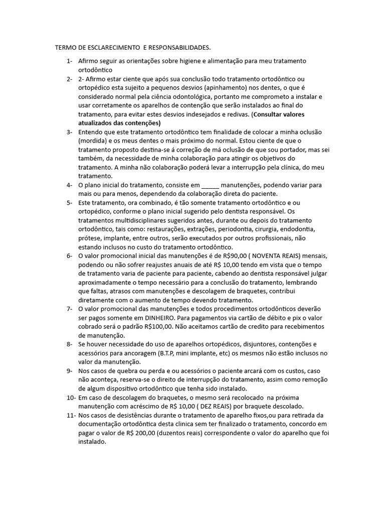 Termo de Esclarecimento e Responsabilidades. Orto | PDF | Odontologia | Ortodontia