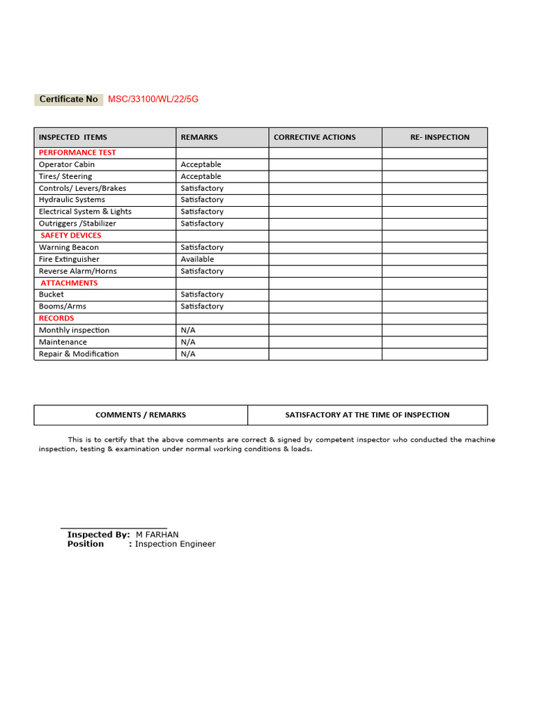 Wheel Loader Inspection Certificate | PDF | Loader (Equipment) | Land ...