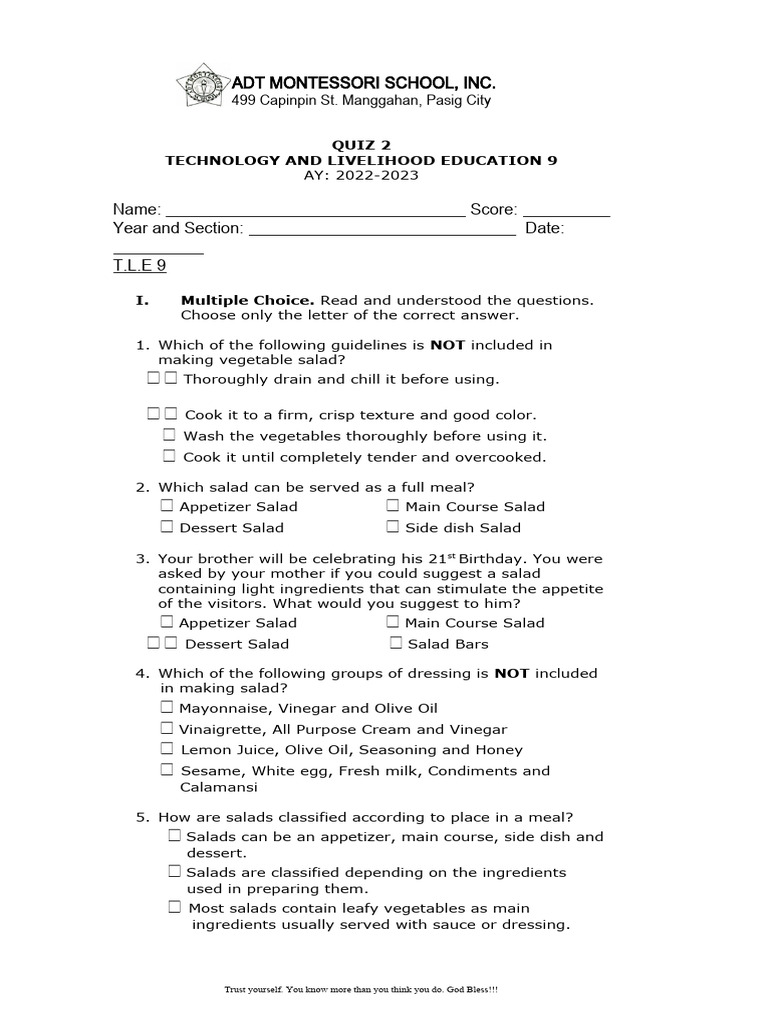 Quiz 2 | PDF | Salad | Desserts