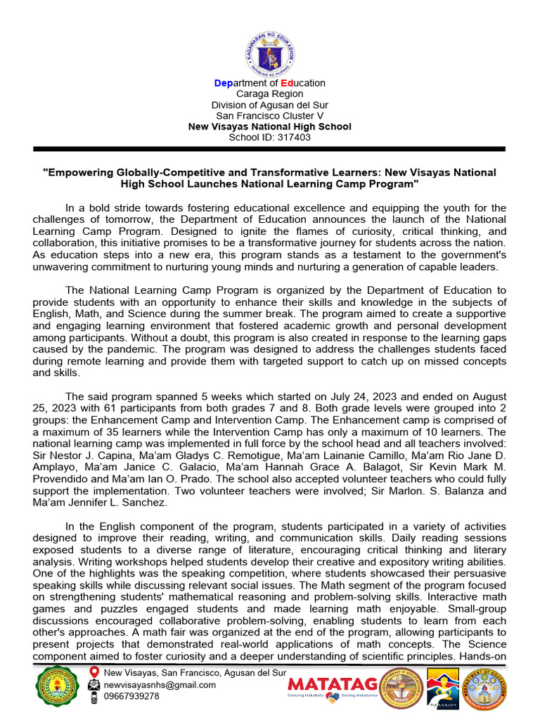 NLC-Narrative-Report | PDF | Learning | Teachers