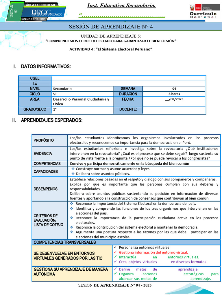 1º DPCC - Ses 4 Uni 5 - Sem 04 | PDF | Aprendizaje | Evaluación