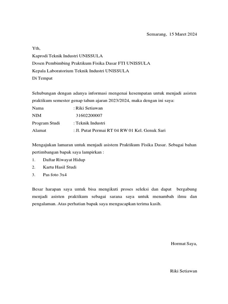 Surat Lamaran - Riki Setiawan 31602200007 | PDF