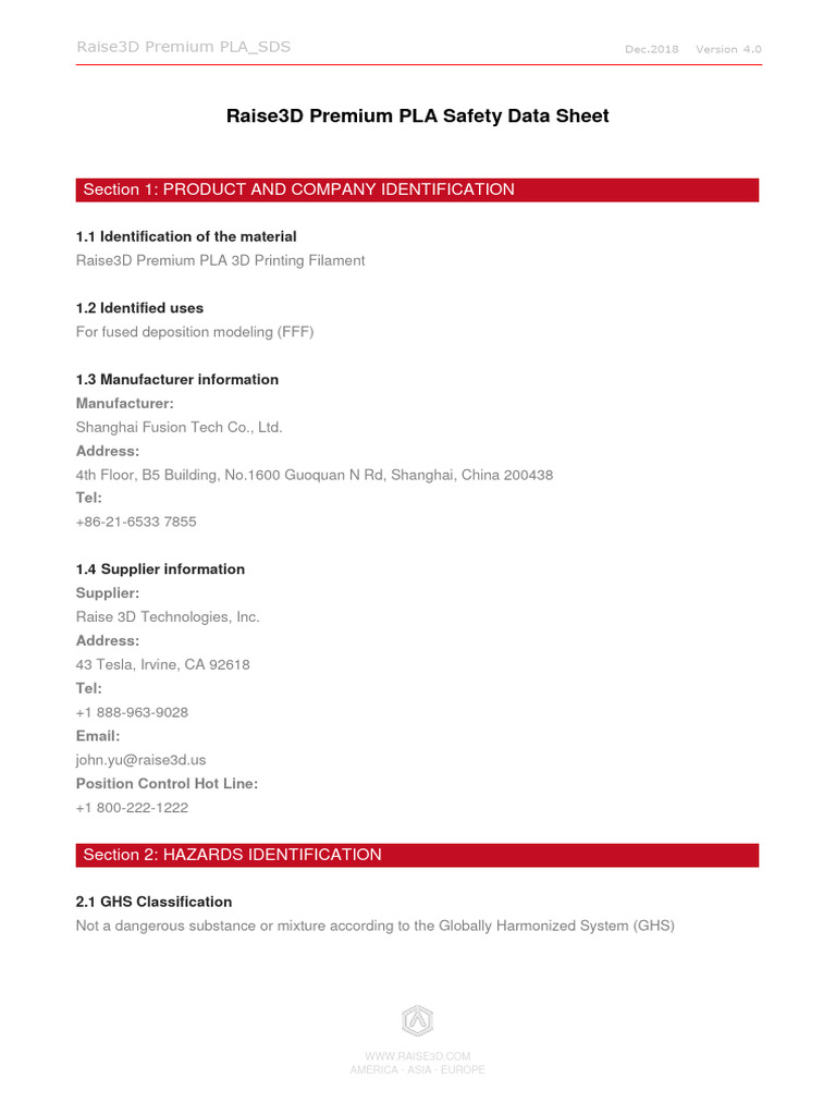 Raise3D-Premium-PLA SDS V4 | PDF | Toxicity | Superfund